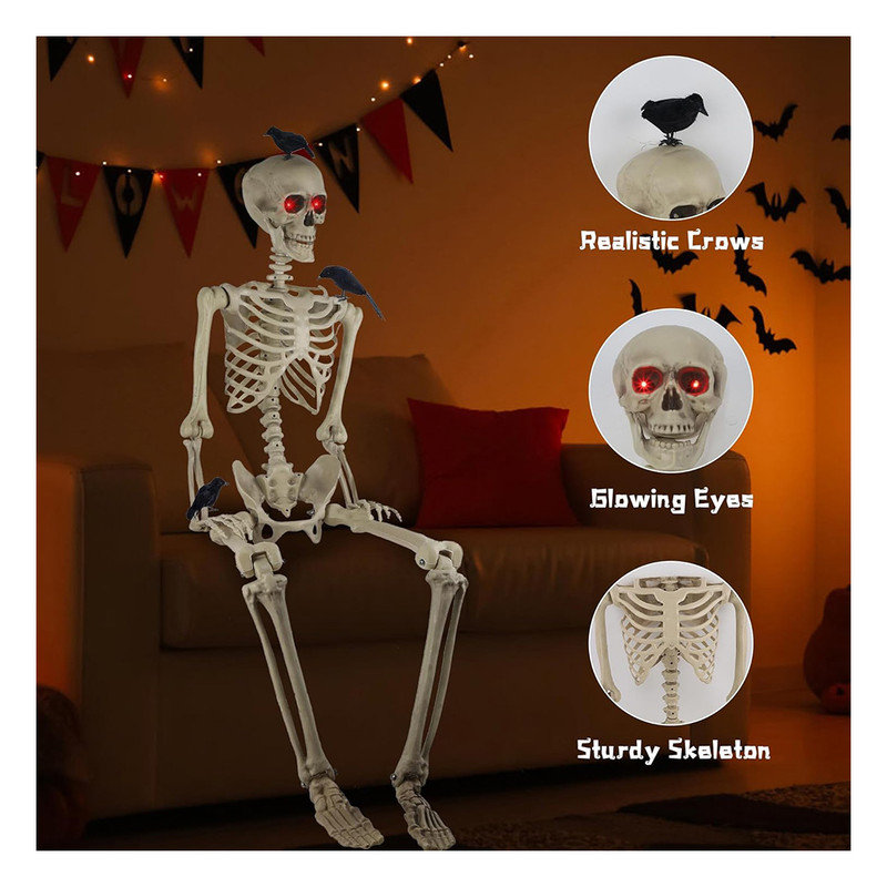 5ft Skeleton Life Size Halloween Decor Large Posable Skeletons with Glowing Eyes The Holiday Aisle